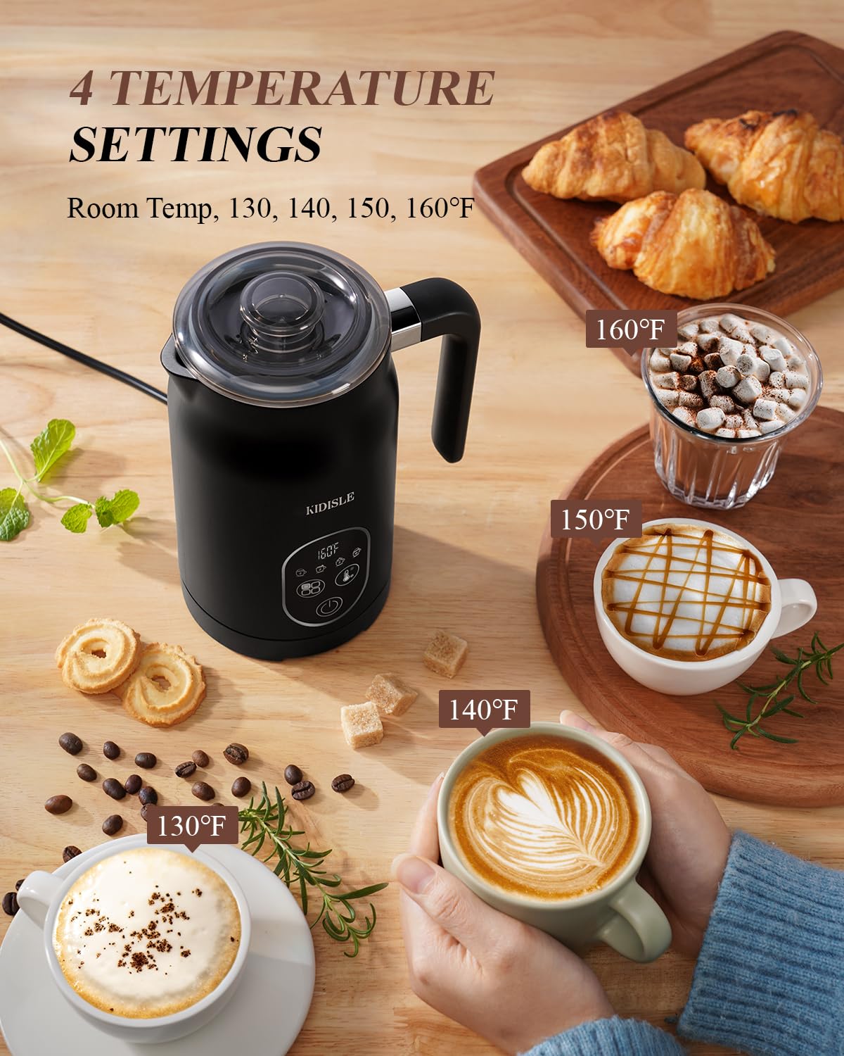 KIDISLE Electric Milk Frother, 4 In 1 Milk Frother and Steamer With Temperature Control, Automatic Warm and Cold Foam Maker for Coffee, Latte, Hot Chocolate, Cappuccinos, Macchiato, Black