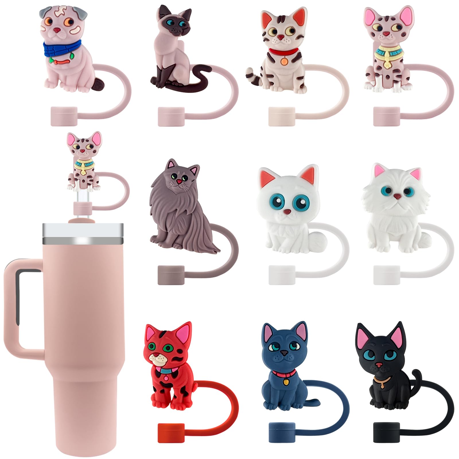 Velaco 10Pcs 0.4in/10mm Diameter Silicone Straw Covers Cap Compatible with Stanley 20 30&40 Oz Cup, Cute Cat Straw Toppers for Stanley 40 Oz Tumbler with Handle, Dust-Proof Straw Caps for Water Bottle