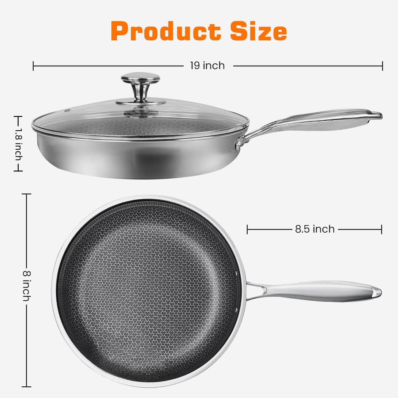 Stainless steel Pan with Lid 8 inch skillet non stick frying pans Stay-cool Handle, frying pans nonstick Dishwasher and Oven-Safe, pots and pans,Nonstick Frying Pan Suitable for All Stove, PFOA Free