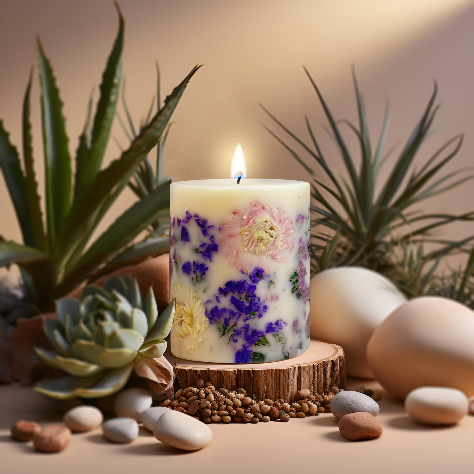 Vionami Gifts for Women Scented Pillar Candle - Long Burning Natural Soy Wax Scented Candle for Home - Gift-Boxed Hand Poured Luxury Candle with Dried Flowers & Tropical Rare Flower Scent (Forget Me)