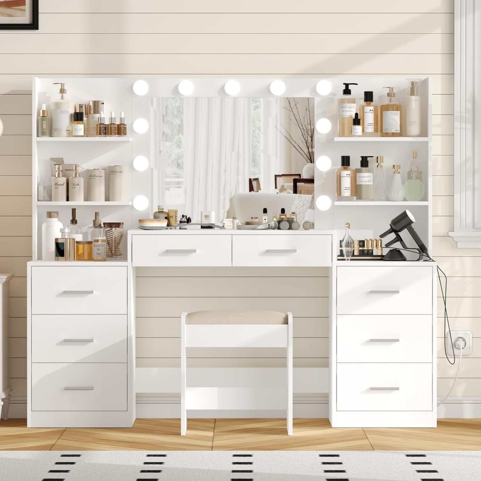 Irontar 61.9‘’L Large Vanity Desk Set with Mirror & Lights, Makeup Vanity with Stool and Charging Station, Makeup Desk with Drawers & Open Storage Shelves, Bedroom Vanity Table Set, White WDT006WD