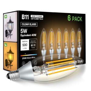 eastiya dusk to dawn outdoor led light bulb, 5w equivalent 40w, candelabra b11 light bulb, 2700k soft white, edison led bulbs e12 base, lighting sensor, auto on/off for porch patio garage, 6 pack