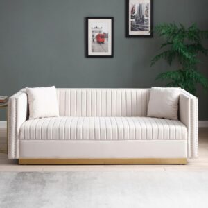 ivoros 78" velvet couch, modern channel tufted sofa couch with 2 pillows, 3 seater upholstered couches with gold metal legs and nailhead for living room, apartment and office (beige)