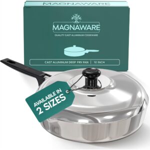 magnaware cast aluminum sauté pan with lid 10 inch - oven safe deep frying pan with lid, two side spouts and ergonomic stay-cool handle for comfortable grip and pouring (3 quart)