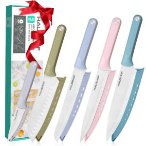 haushof kitchen knife set, 5 pcs colorful kitchen knives with sheaths, non-stick coated stainless steel blades for slicing, dicing&cutting, gifts knife set with ergonomic handle for dad, mom, and wife