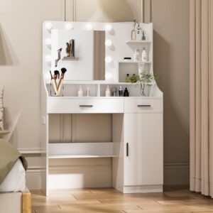 dehado vanity desk with mirror and lights, makeup vanity desk with power outlet, cabinet, & storage shelves 3 color modes adjustable brightness dressing table, white