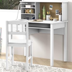 MUZZ Kids Study Desk and Chair Set,Modern Wooden Study Desk w/Hutch & Cork Bulletin Board, Kids Activity Desk with Storage Shelves & 2 Closed Drawers and Chair for Bedroom, Study(White)