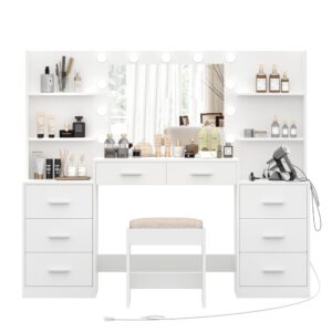 Irontar 61.9‘’L Large Vanity Desk Set with Mirror & Lights, Makeup Vanity with Stool and Charging Station, Makeup Desk with Drawers & Open Storage Shelves, Bedroom Vanity Table Set, White WDT006WD