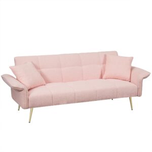 aoowow teddy fabric futon couch with 2 sort bed pillow, love seat sofa bed with adjustable armrests backrest for small spaces, modern recliner futon sofa for living room (pink teddy fabric)