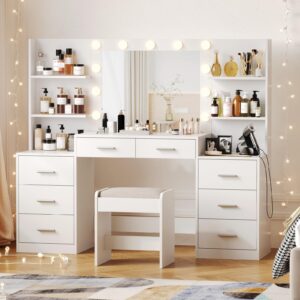 Irontar 61.9‘’L Large Vanity Desk Set with Mirror & Lights, Makeup Vanity with Stool and Charging Station, Makeup Desk with Drawers & Open Storage Shelves, Bedroom Vanity Table Set, White WDT006WD