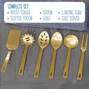 Darware Complete Serving Spoon & Utensil Set (6-Piece Set, Gold); w/Pasta Server, Fork, Spoon, Slotted Spoon, Ladle, & Cake/Casserole Server