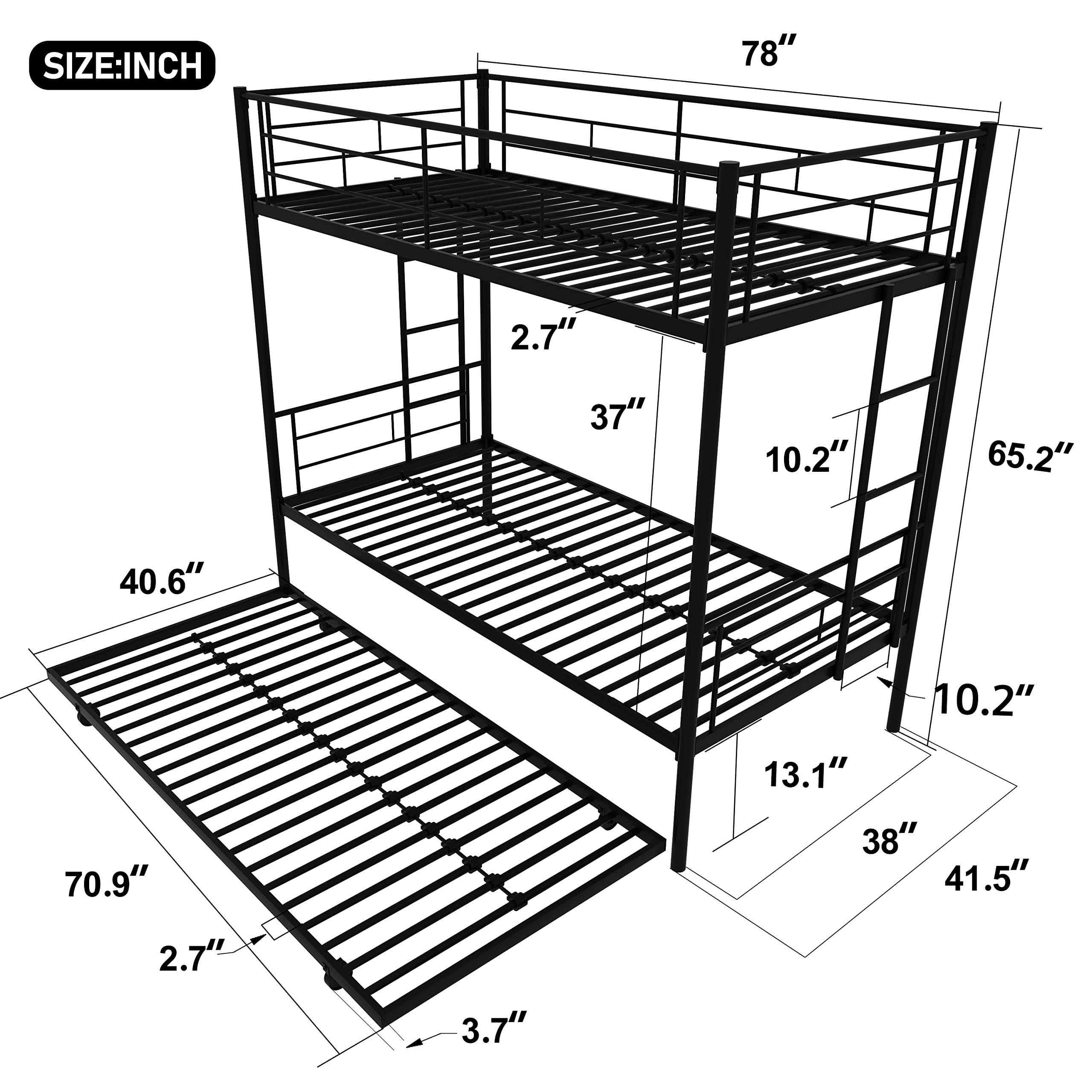 GOWE Twin Over Twin Metal Bunk Bed Frame with Trundle£¨Upgrade Reinforcement Version£©