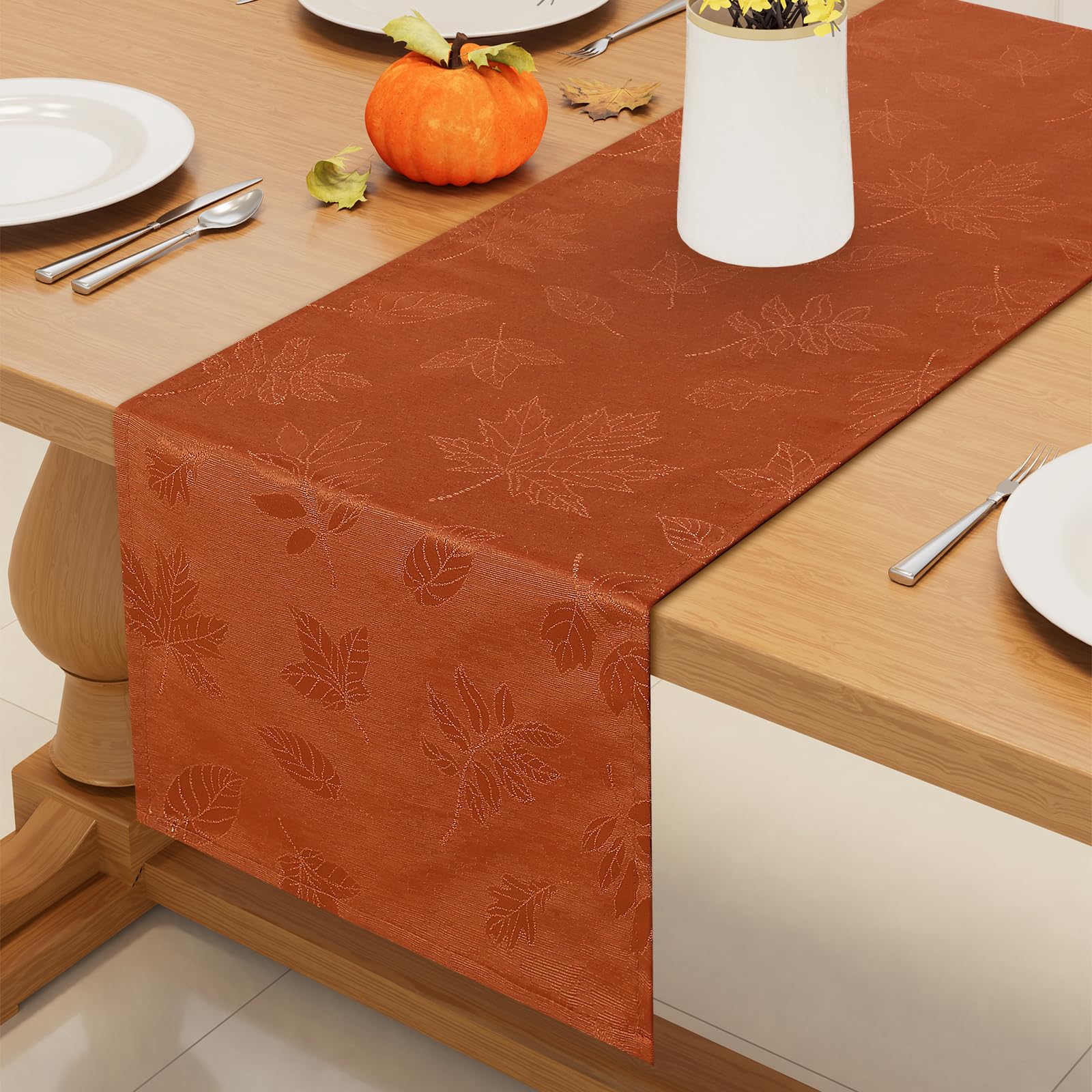 Smiry Thanksgiving Table Runner, 13x72 Inch Waterproof Fabric Fall Table Runner, Autumn Leaves Damask Table Runner for Harvest Parties, and Holiday Dinner, Rust