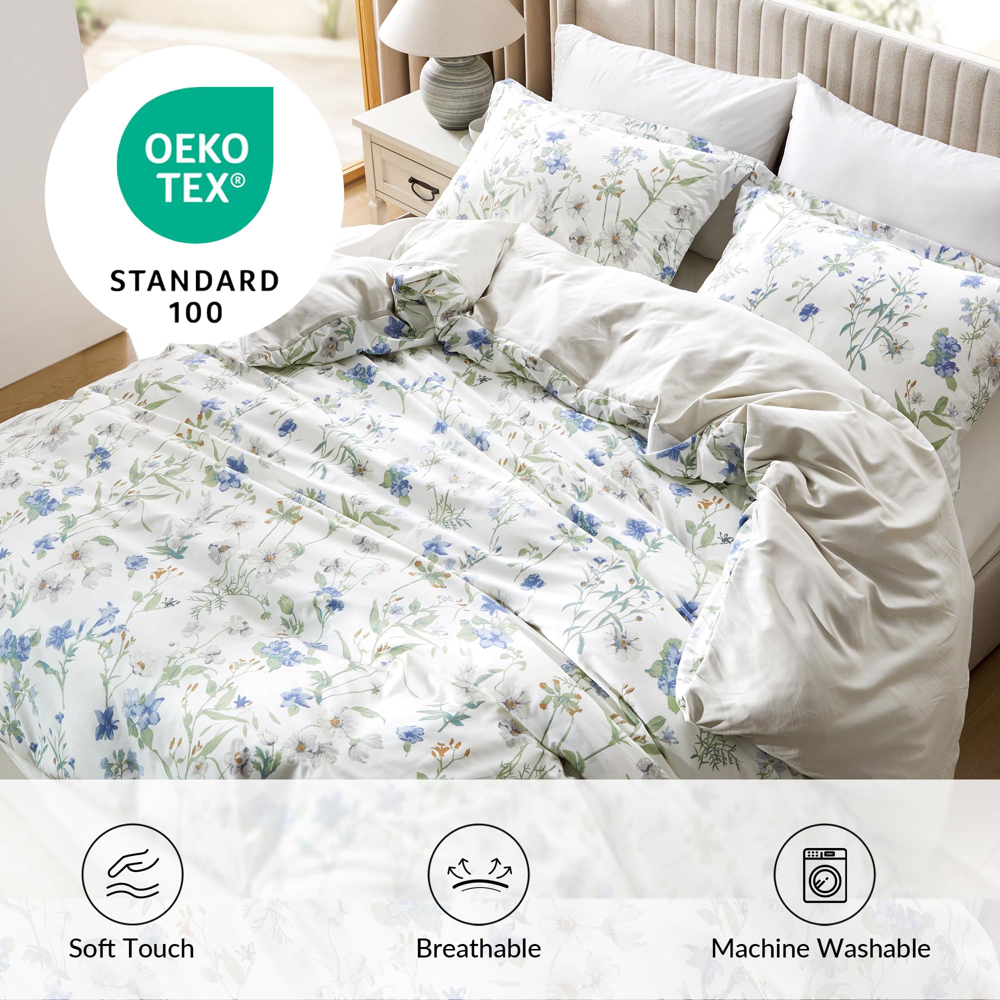 TINA'S HOME Duvet Cover Queen Size - Reversible Floral Duvet Cover Set with Zipper Closure - 3 Pieces Bedding Set, 1 Duvet Cover 90"x90" & 2 Pillow Shams 20"x26"