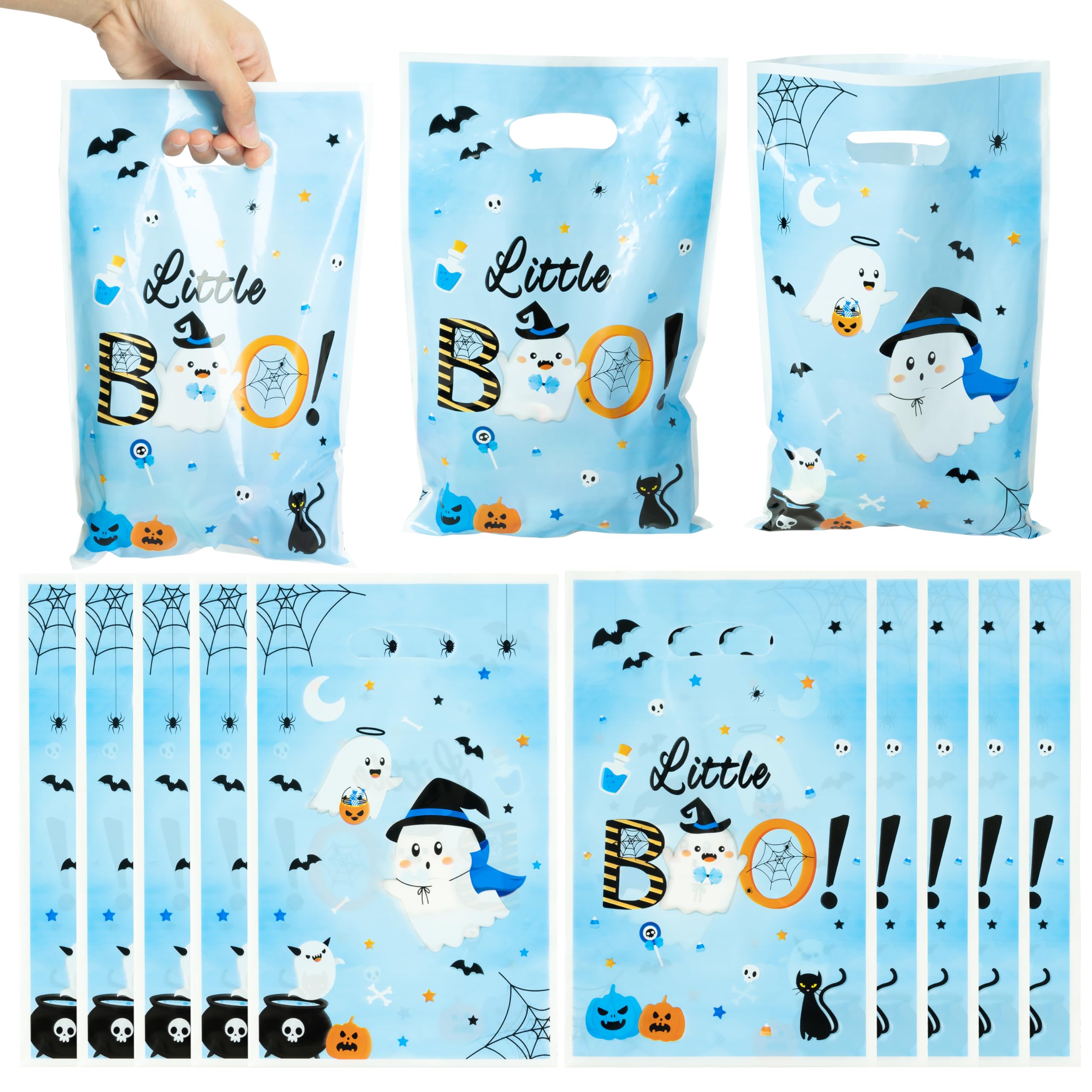 Haooryx Bule Little Boo Favor Bags, 50Pcs Halloween Little Ghost Plastic Gift Bag Birthday Party Gift Warp Goodie Candy Treat Bags for Halloween Party Kids Boys Birthday Baby Shower Party Favor Supply