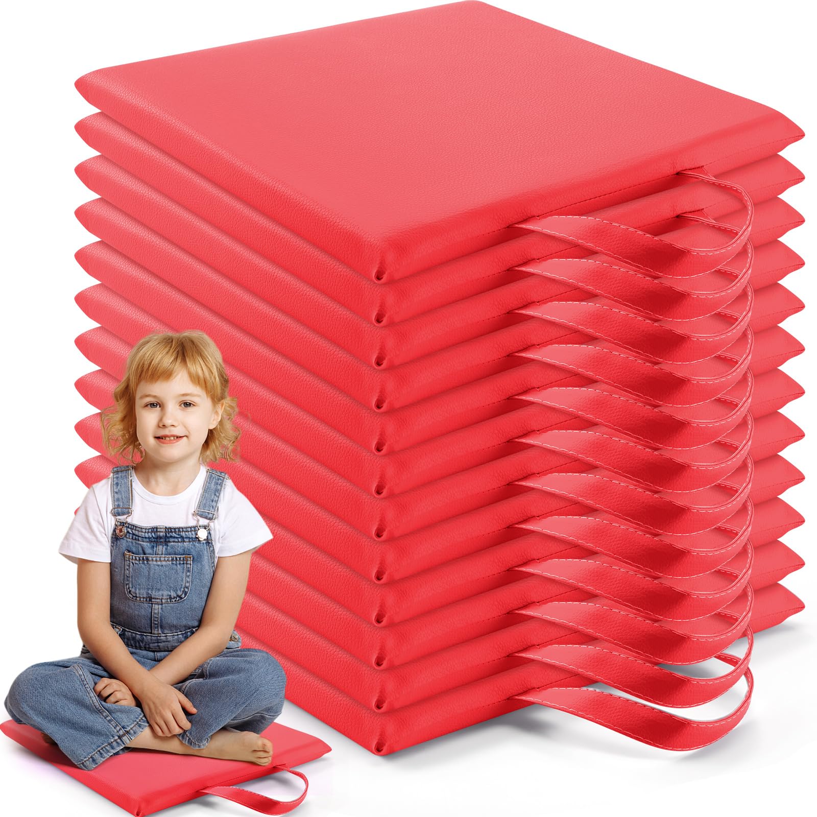 Suzile 12 Pcs 12'' Floor Cushions for Classroom Flexible Floor Seating with Handles Classroom Carpet Cushions for Kids Toddlers Daycare Preschool Furniture(Red,Square)