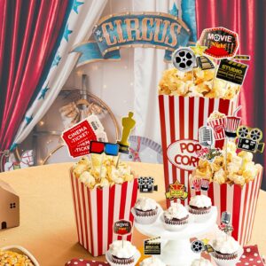 SNAIL GARDEN 30Pcs 46oz Popcorn Boxes, With 20Pcs Movie Snack Decoration Cupcake Toppers, Red/White Food Container,Disposable Durable Paper Boxex For Hollywood Theme Baby Shower Kids Birthday Party