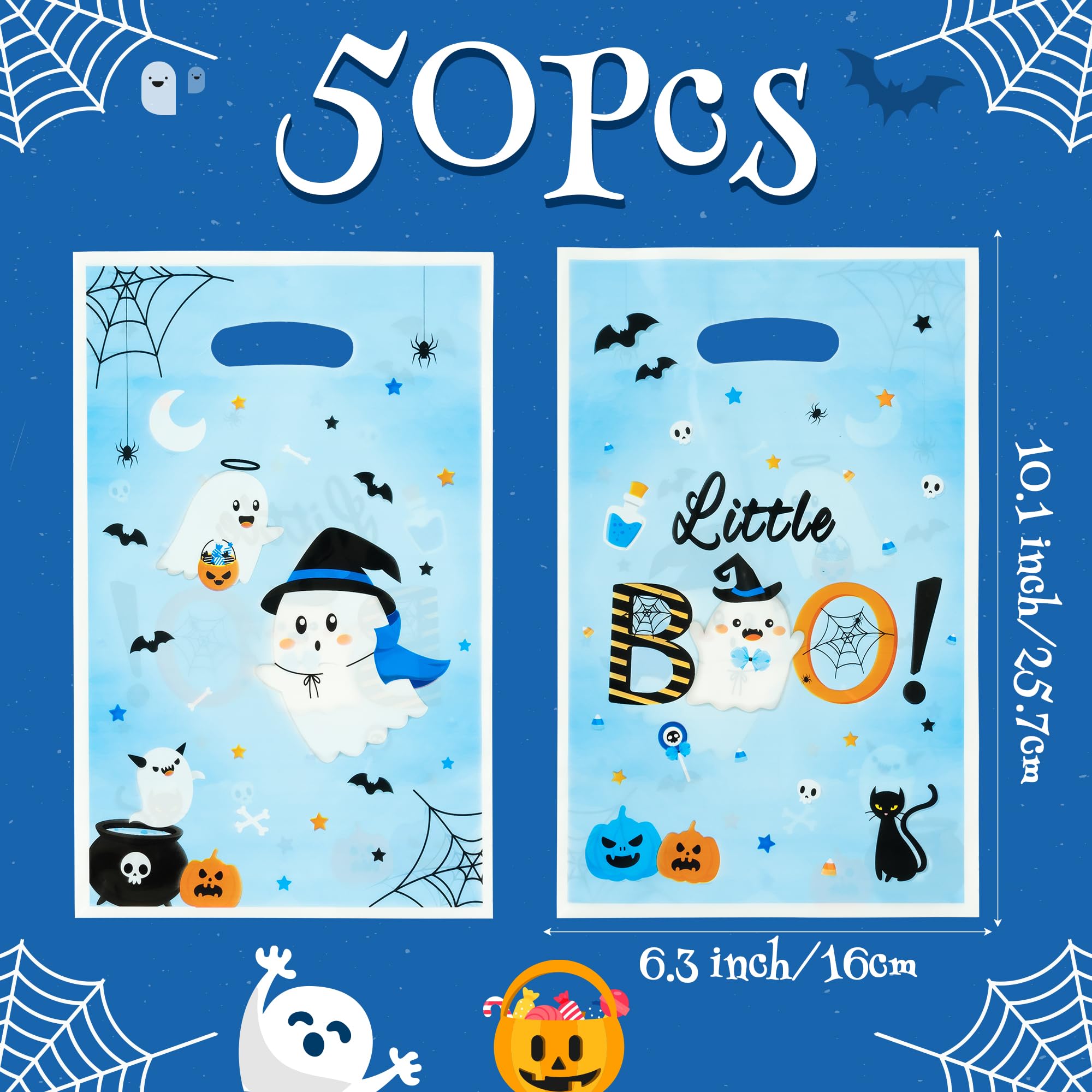 Haooryx Bule Little Boo Favor Bags, 50Pcs Halloween Little Ghost Plastic Gift Bag Birthday Party Gift Warp Goodie Candy Treat Bags for Halloween Party Kids Boys Birthday Baby Shower Party Favor Supply