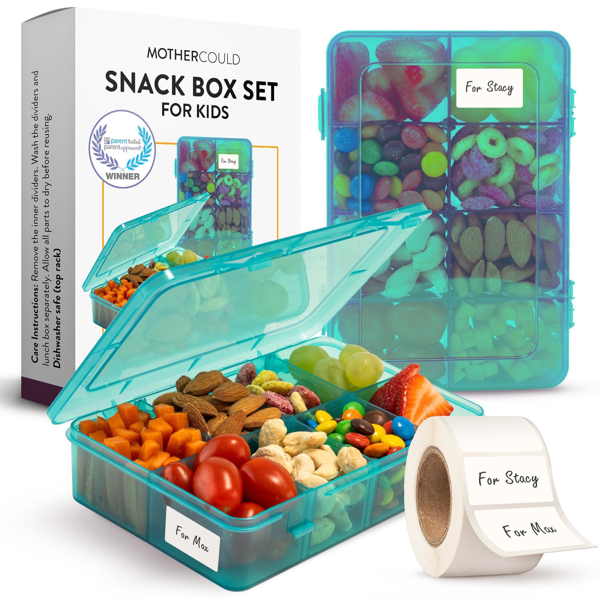 Snack Box Containers Set of 2-Reusable,100 Dissolvable Labels, 8 Adjustable Compartments, Dishwasher Safe, BPA-Free, Food Grade, Durable Design, PARENT TESTED PARENT APPROVED AWARD (2 Pack) (Cyan)