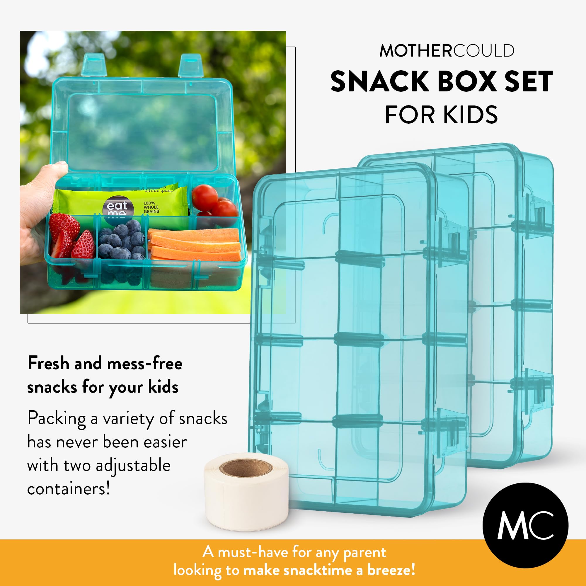 Snack Box Containers Set of 2-Reusable,100 Dissolvable Labels, 8 Adjustable Compartments, Dishwasher Safe, BPA-Free, Food Grade, Durable Design, PARENT TESTED PARENT APPROVED AWARD (2 Pack) (Cyan)