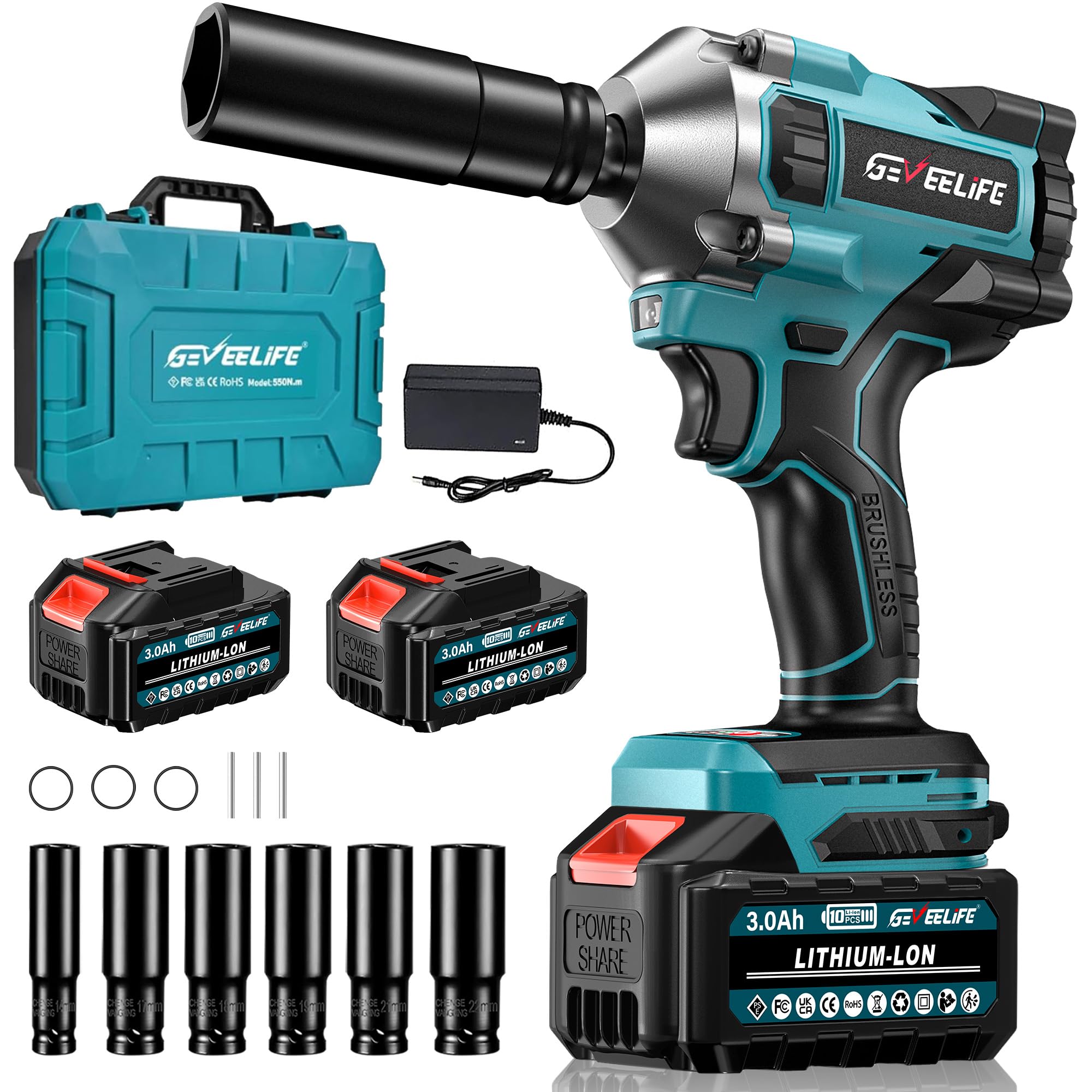 GEVEELIFE 550N.m/400Ft-lbs Brushless Impact Wrench,1/2" Cordless Impact Gun w/ 2x3.0Ah Battery & 6 Sockets, 2450RPM Power Electric Impact Driver for Car/DIY Furniture/Lawn Mower, Blue Toolbox