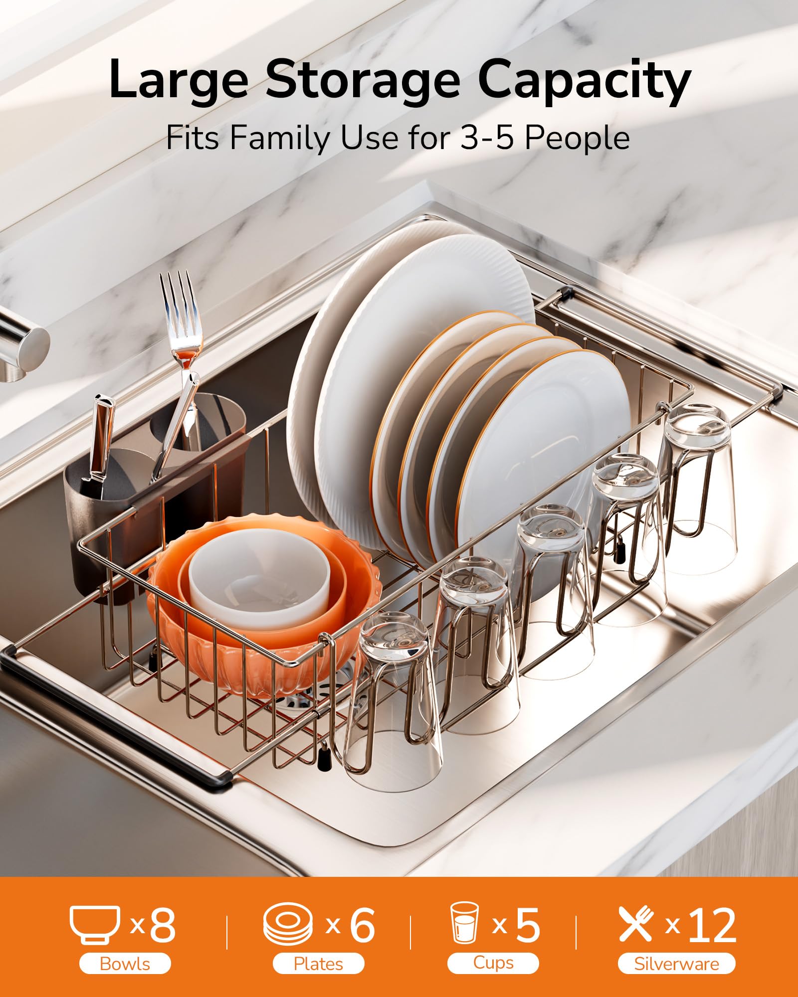 ULG Dish Drying Rack Kitchen Sink Dish Drainer Stainless Steel in/Over The Sink Drying Rack for Dishes Plates Glasses Silverware with Cup and Cutlery Holders Quick Drying Arms Extendable, Medium Size