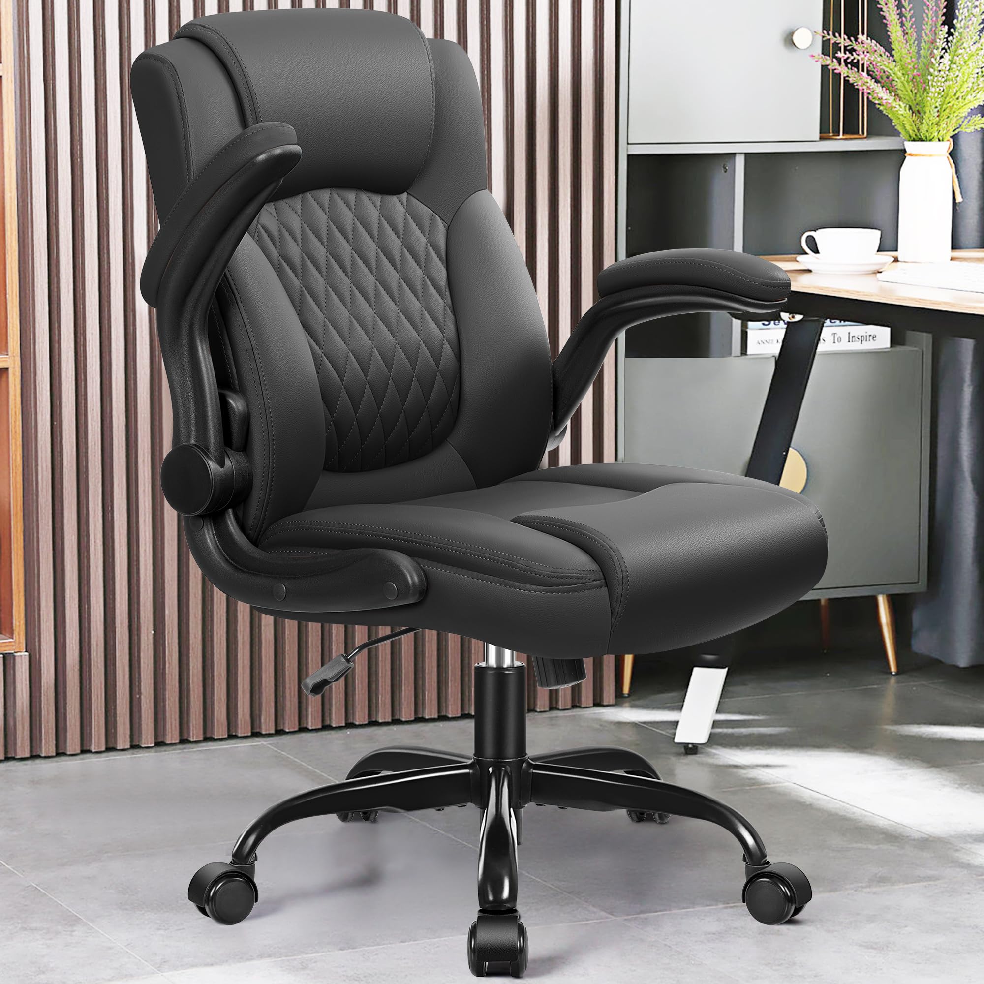 Leather Office Chair, PU Home Computer Desk Chairs with Ergonomic Back Support, 360°Swivel Free，Small Gmaing Chair with Wheels and Adjustable Armrests, for Short People Use, Black