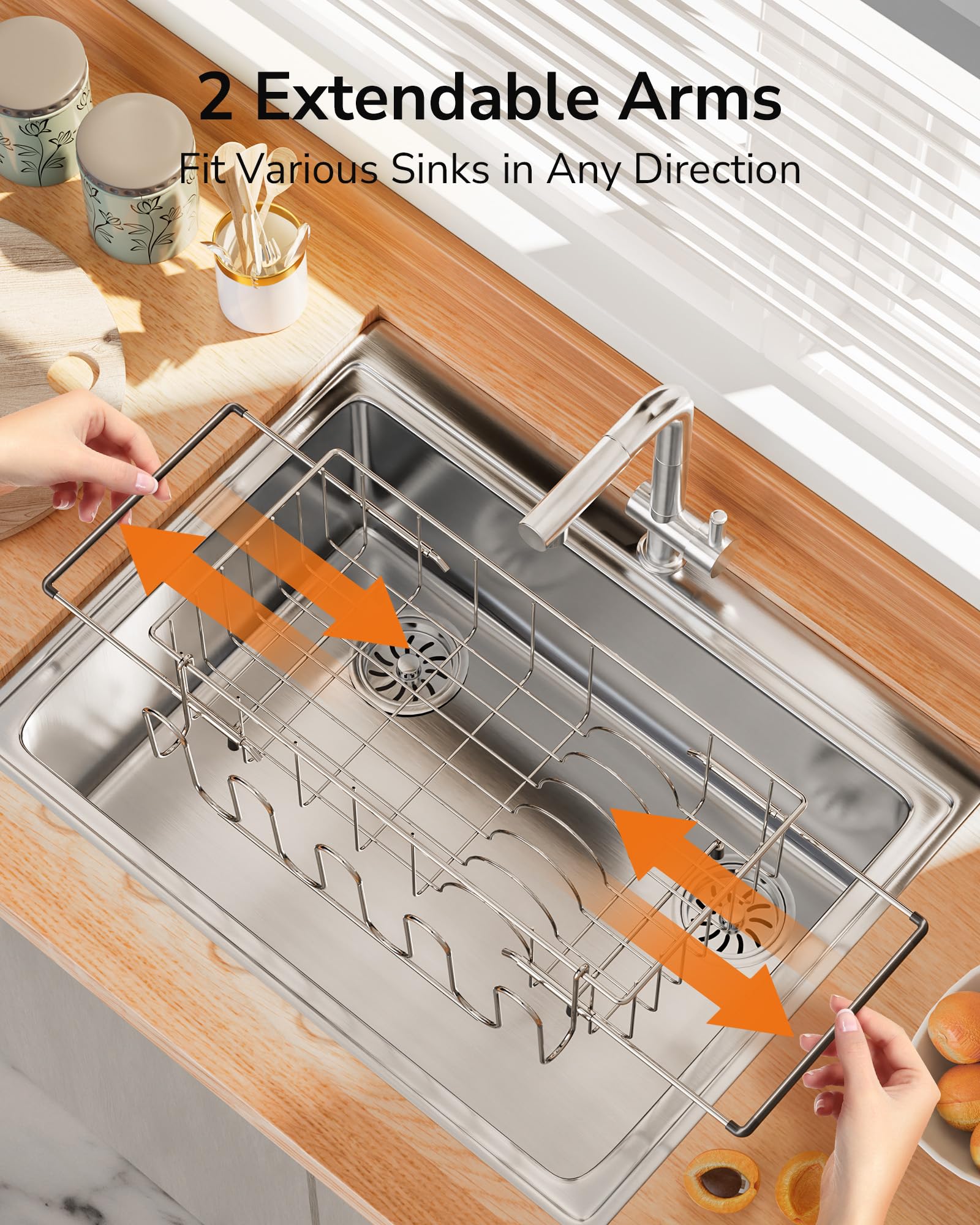 ULG Dish Drying Rack Kitchen Sink Dish Drainer Stainless Steel in/Over The Sink Drying Rack for Dishes Plates Glasses Silverware with Cup and Cutlery Holders Quick Drying Arms Extendable, Medium Size