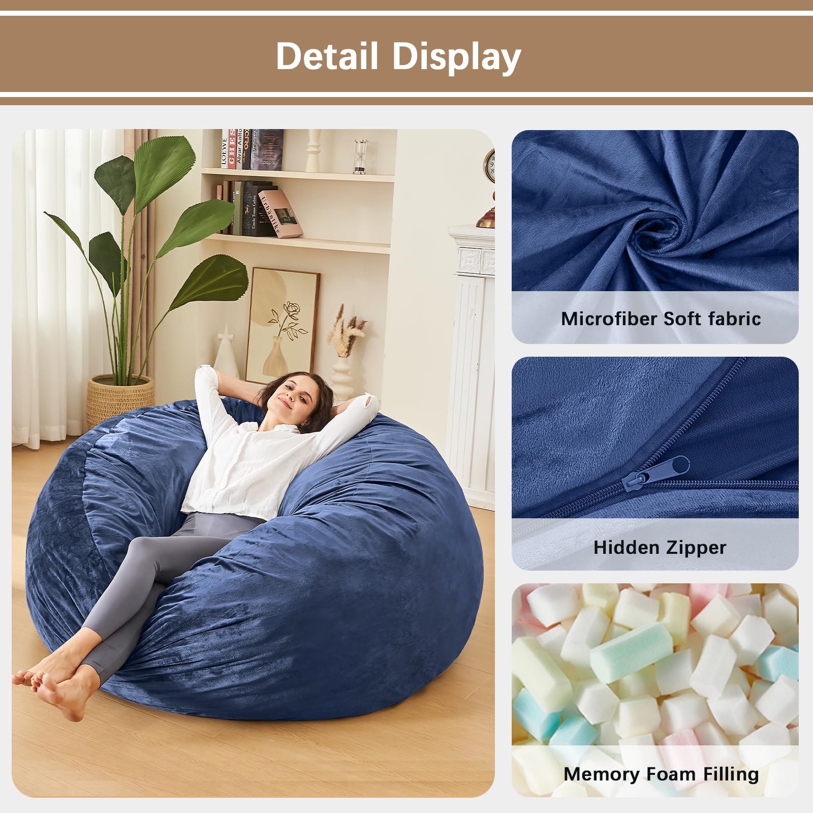 ILPEOD Bean Bag Chairs for Adults - Memory Foam Furniture BeanBag Chair - Kids/Teens Sofa with Soft Micro Fiber Cover - Round Fluffy Couch for Living Room Bedroom College Dorm - 4 ft, Navy