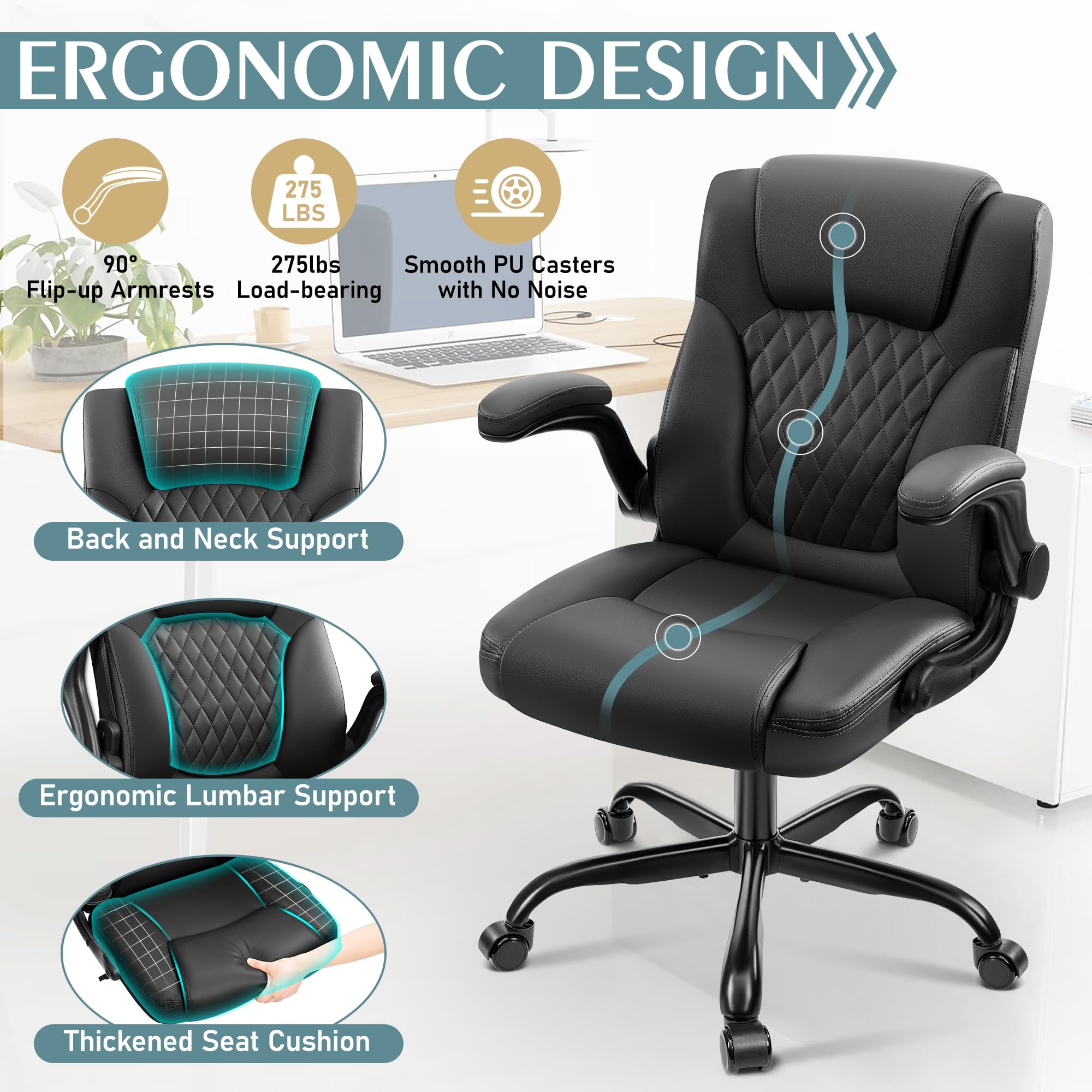 Leather Office Chair, PU Home Computer Desk Chairs with Ergonomic Back Support, 360°Swivel Free，Small Gmaing Chair with Wheels and Adjustable Armrests, for Short People Use, Black