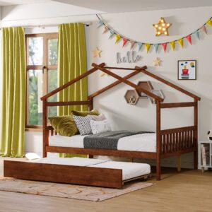 gowe full size wooden house bed with twin size trundle, walnut