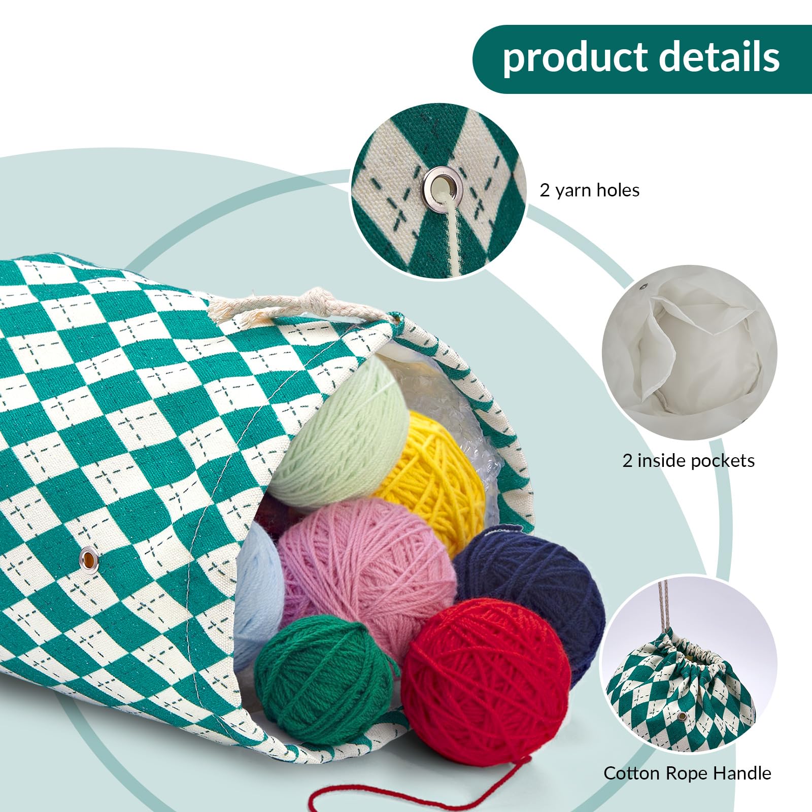 Peixty Small Yarn Bag with Two Pockets, Small Yarn Holder for Knitting & Crocheting, Portable Small Yarn Storage Bag for Small Crochet Projects, Stores Skein Balls, Needles, and Accessories-Green