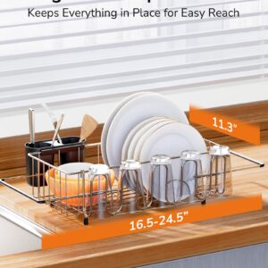 ULG Dish Drying Rack Kitchen Sink Dish Drainer Stainless Steel in/Over The Sink Drying Rack for Dishes Plates Glasses Silverware with Cup and Cutlery Holders Quick Drying Arms Extendable, Medium Size