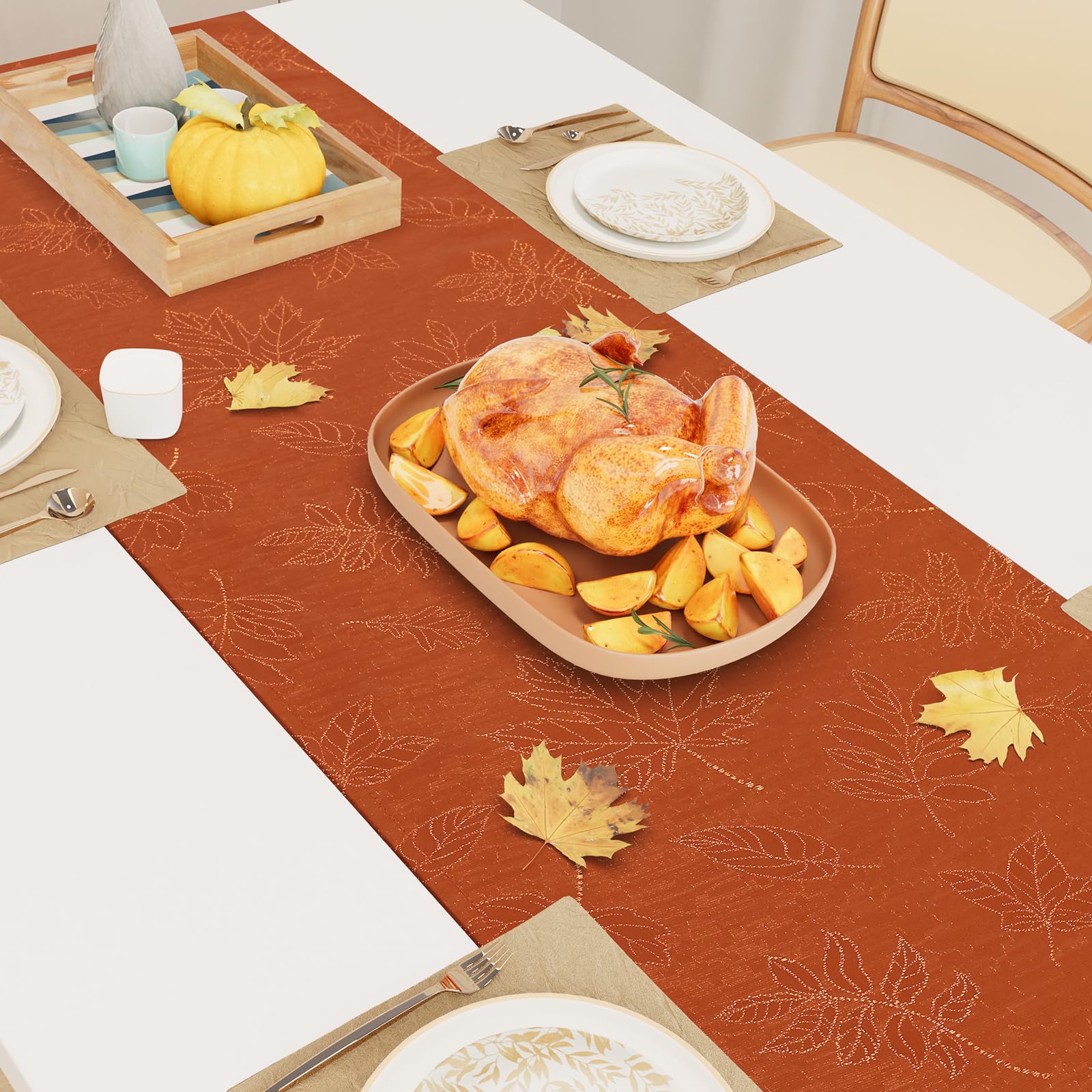 Smiry Thanksgiving Table Runner, 13x72 Inch Waterproof Fabric Fall Table Runner, Autumn Leaves Damask Table Runner for Harvest Parties, and Holiday Dinner, Rust