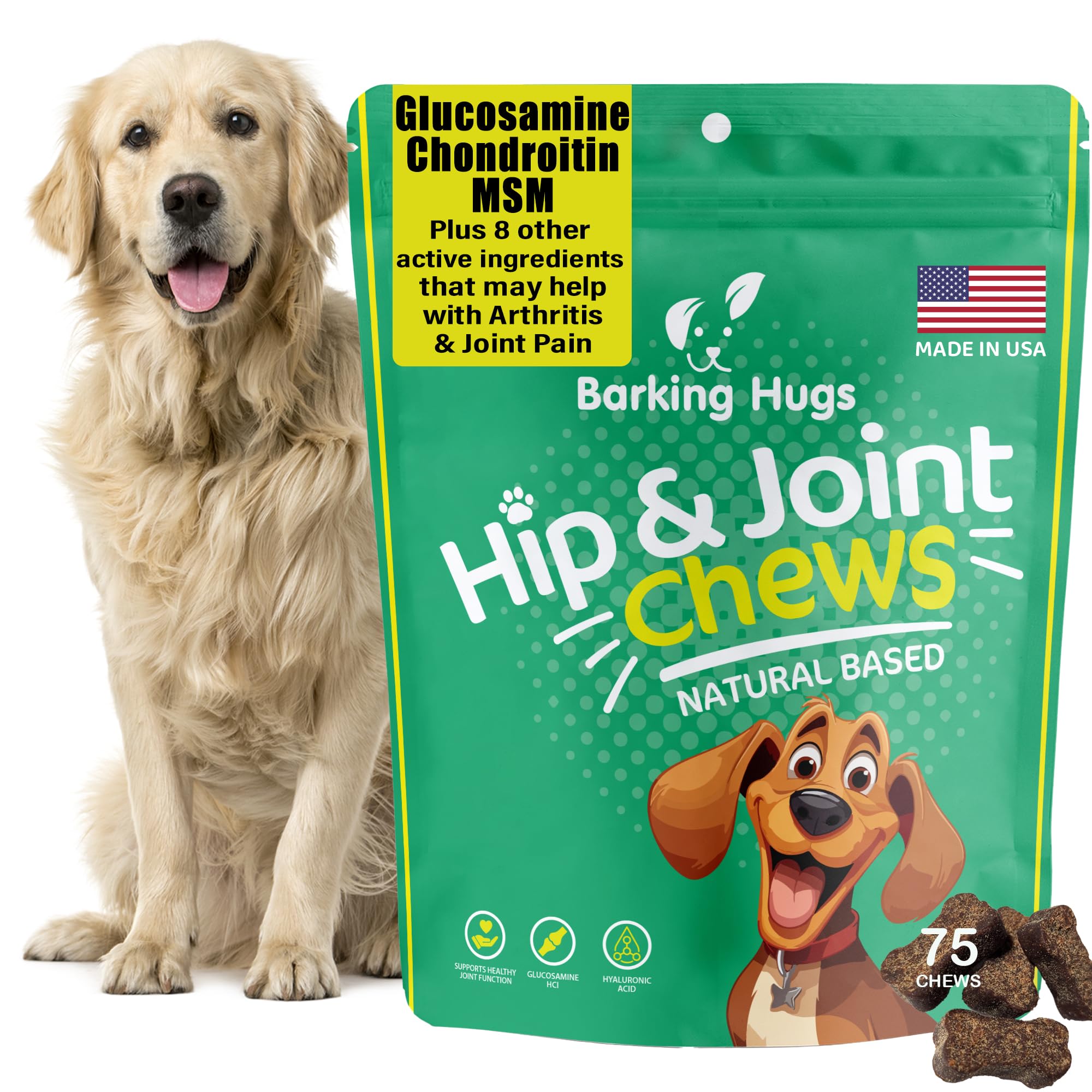 BARKING HUGS Hip and Joint Supplement for Dogs - 500 mg Glucosamine for Dogs per Soft chew - Nature-Based for Maximum Dog Joint Pain Relief - 11 Active Ingredients Support Dog Hip & Joint Care.