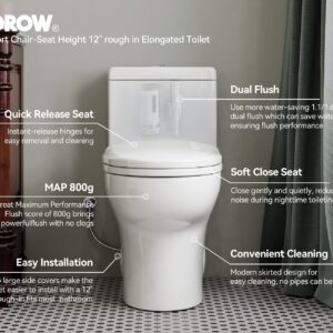 HOROW HR-ST076WD Dual Flush Elongated Toilet with Soft Close Seat, High-Efficiency Supply, Standard Bathroom Toilet 12" Rough-In, White Finish