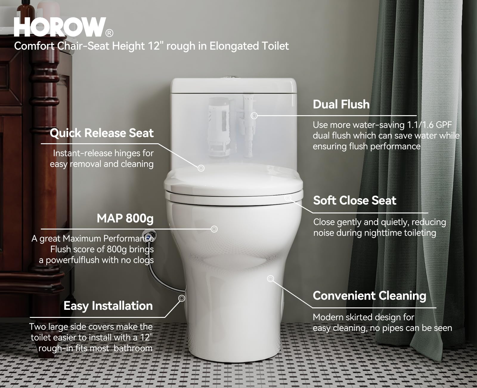 HOROW HR-ST076WD Dual Flush Elongated Toilet with Soft Close Seat, High-Efficiency Supply, Standard Bathroom Toilet 12" Rough-In, White Finish