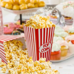 SNAIL GARDEN 30Pcs 46oz Popcorn Boxes, With 20Pcs Movie Snack Decoration Cupcake Toppers, Red/White Food Container,Disposable Durable Paper Boxex For Hollywood Theme Baby Shower Kids Birthday Party