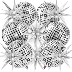 disco ball balloons with star balloons, 22 inch metallic disco silver foil balloons for disco party decor birthday bachelorette new year christmas party decorations