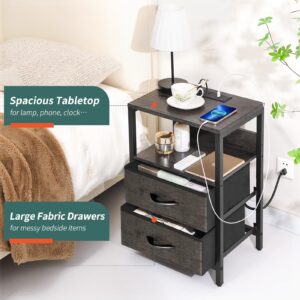 Yoobure Nightstand with Charging Station, Small Night Stand with Fabric Drawers and Storage Shelf for Bedrooms, Nightstands for Small Spaces, Bedside Table with USB Ports & Outlets, Bed Side Table