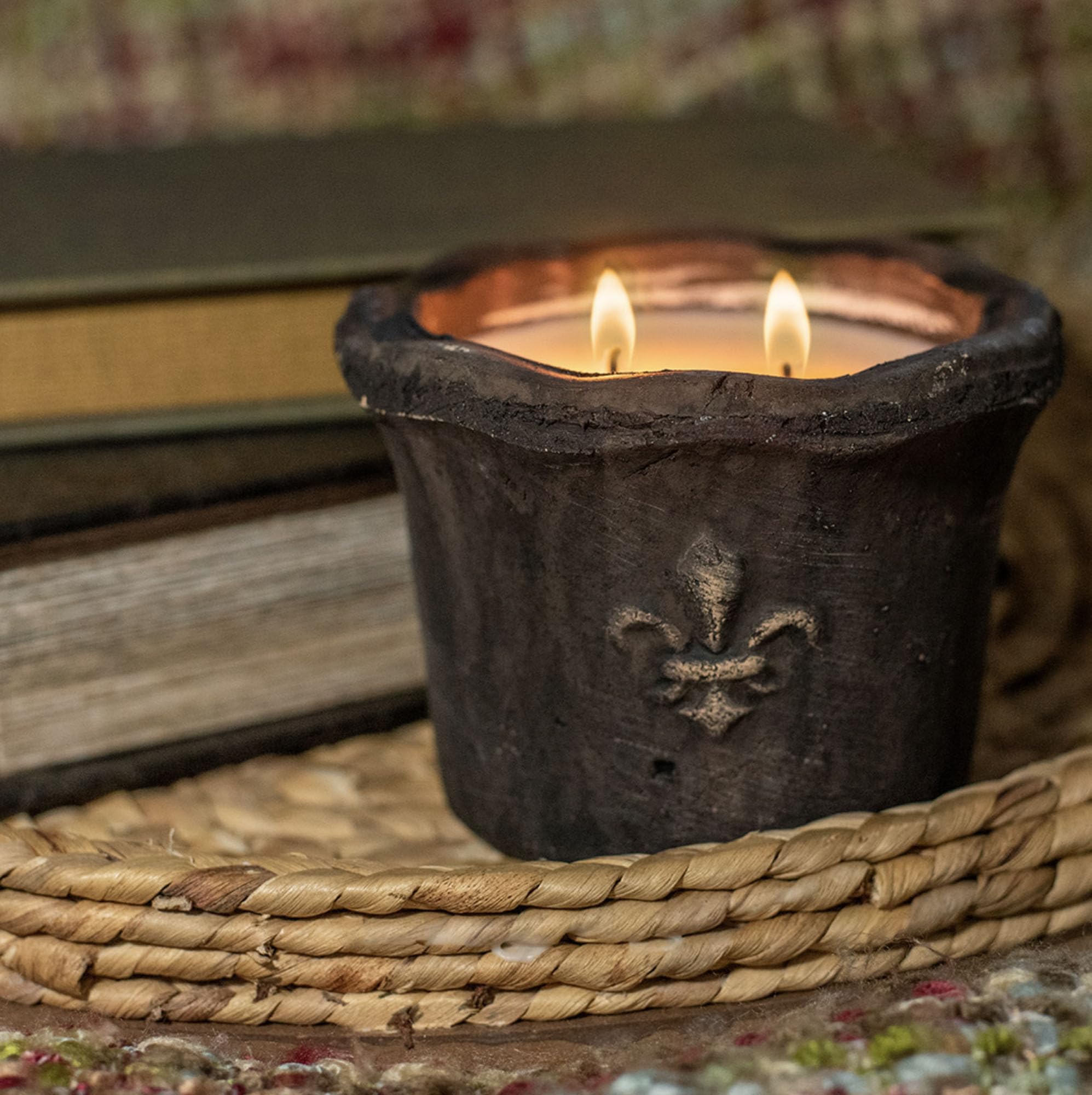 Bourbon Royalty Classic Galvanized Fleur De Lis Medium Pedestal 13 Ounce Pottery/Wax Scented Votive Jar Candle for Home or Office, Versailles, Classic/Brown, BRY-VS-13P