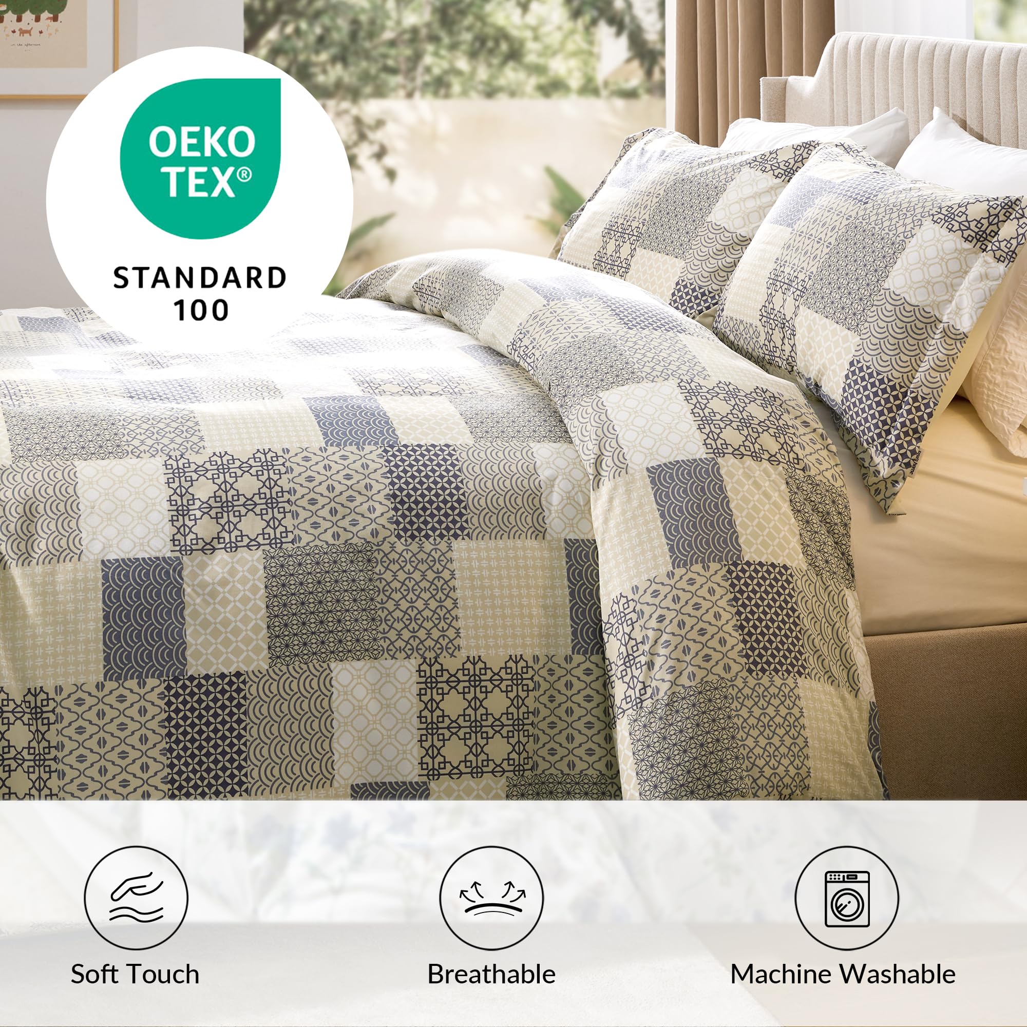 TINA'S HOME Duvet Cover Queen Size, Reversible Plaid Duvet Cover Set with Zipper Closure, 3 Pieces Bedding Set, 1 Duvet Cover 90"x90" & 2 Pillow Shams 20"x26"