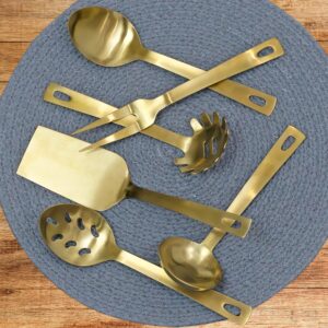 Darware Complete Serving Spoon & Utensil Set (6-Piece Set, Gold); w/Pasta Server, Fork, Spoon, Slotted Spoon, Ladle, & Cake/Casserole Server