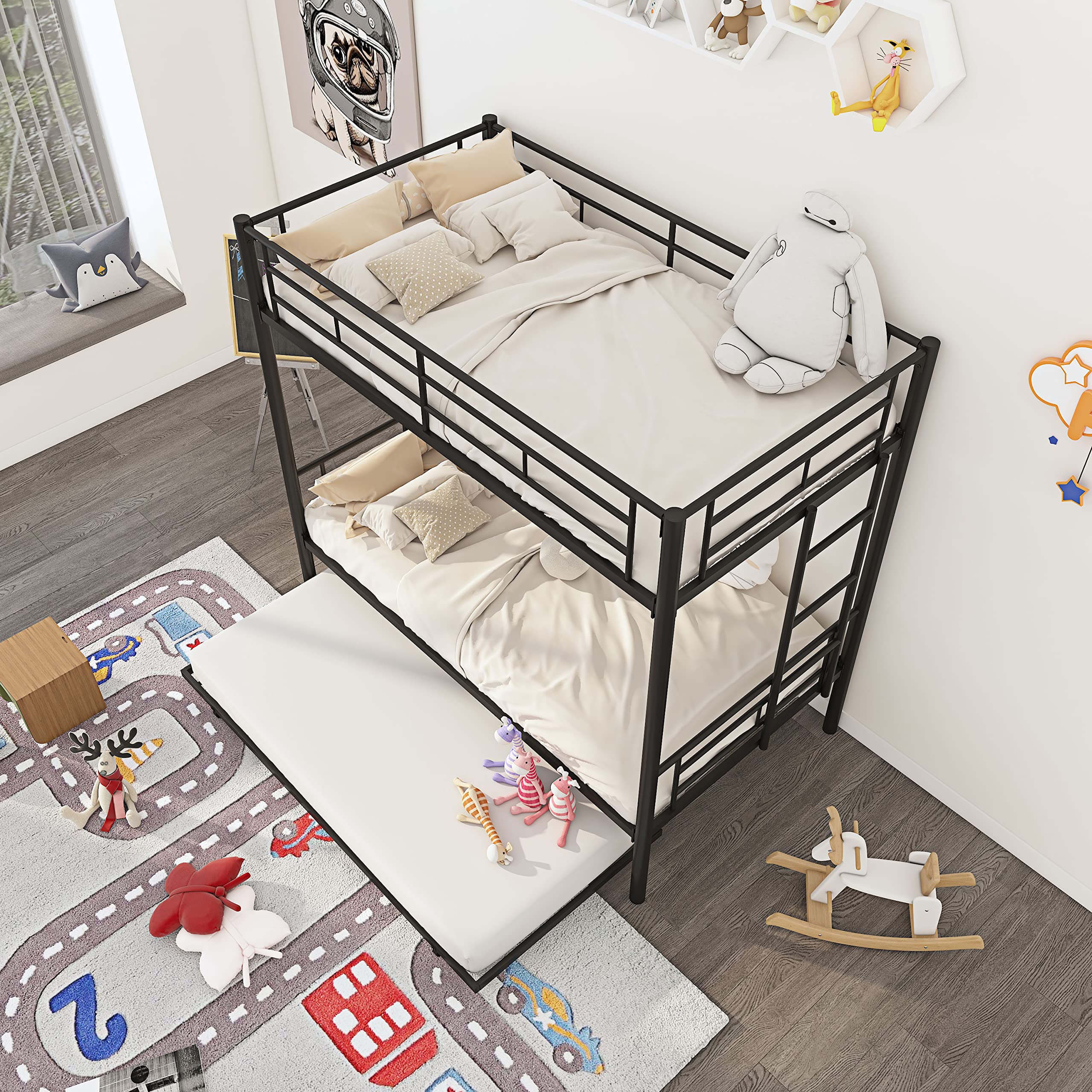 GOWE Twin Over Twin Metal Bunk Bed Frame with Trundle£¨Upgrade Reinforcement Version£©