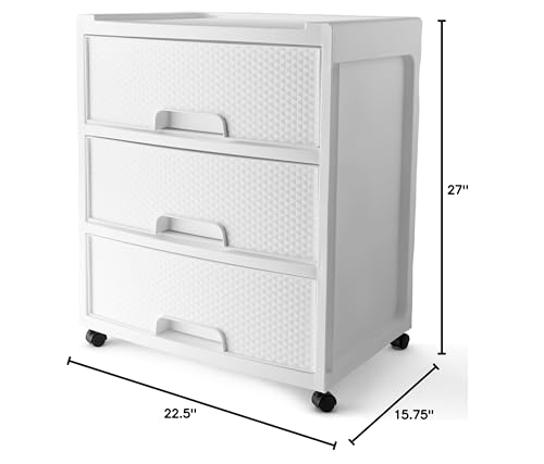 RedCarp 3 Drawer Wide Diamond Arctic White Plastic Storage Cart,15.75"" X 22.5"" X 27"". Also Serve As An Additional Work Stand Next To Desks And Work Tables,For Storing Office Supplies, Files