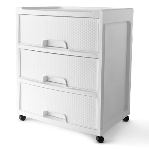 RedCarp 3 Drawer Wide Diamond Arctic White Plastic Storage Cart,15.75"" X 22.5"" X 27"". Also Serve As An Additional Work Stand Next To Desks And Work Tables,For Storing Office Supplies, Files