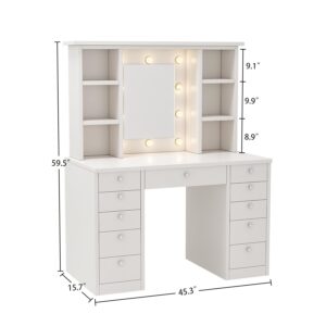 Legendstone Large Vanity Desk with Mirror and Lights,Makeup Vanity Table with 10 LED Lights,11 Drawers,6 Open Shelves,Lots Storage,3 Light Mode,Brightness Adjustable,White