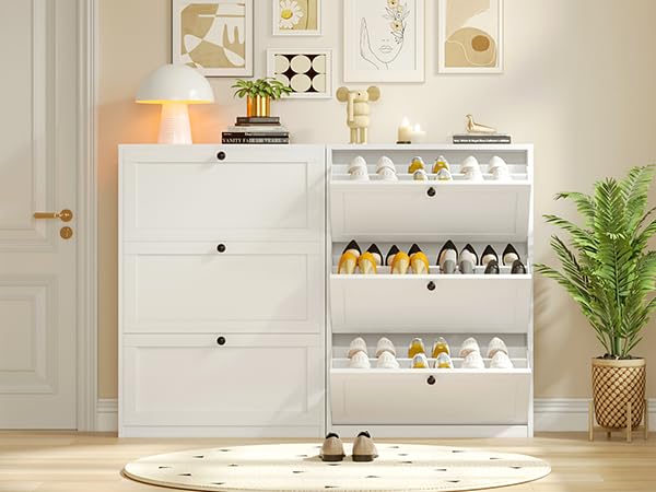 VOWNER Shoe Cabinet with 3 Flip Drawers, Freestanding Shoe Storage Cabinet with Adjustable Shelf & Anti-Tipping Device, Shoe Rack for Entryway, Hallway, Living Room (White)