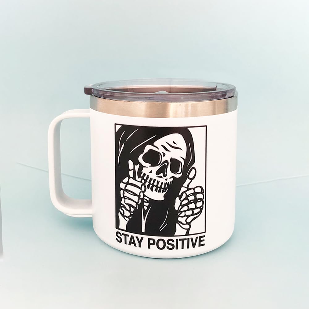 EXIGENT Funny Stay Positive Skull Coffee Tea Cup Mug Collectible 14Oz Ounces Birthday Gifts Decorations (SKULL)