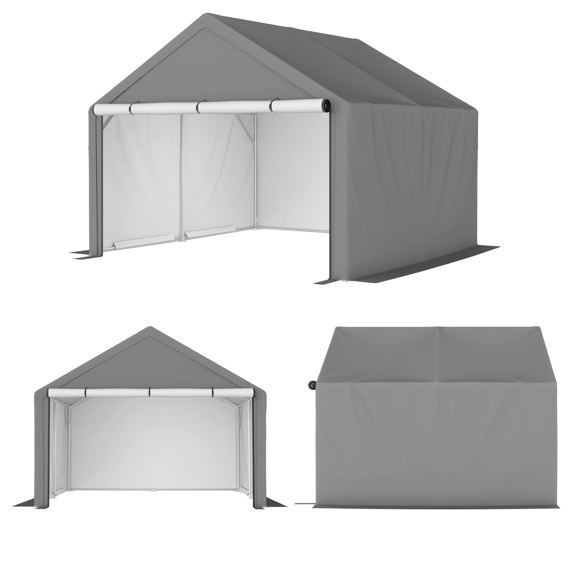 EDWINENE Carport, 10x10 FT Portable Outdoor Storage Garage, Heavy Duty Storage Garage Shed with Roll-up Doors Shelter for Garden Tool, Lawn Mower, Motorcycleand, Bike (10x10FT Gray)